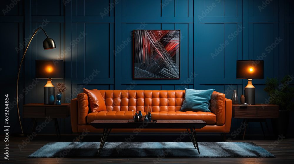 Brown Sofa in Front of Blue Wall with Lamps and Center Table Dark Theme ...