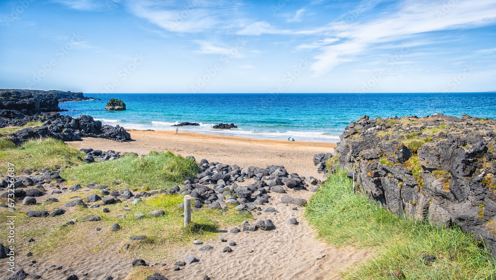The coastline at Skardsvik beach in the northern side of Snaefellsnes ...