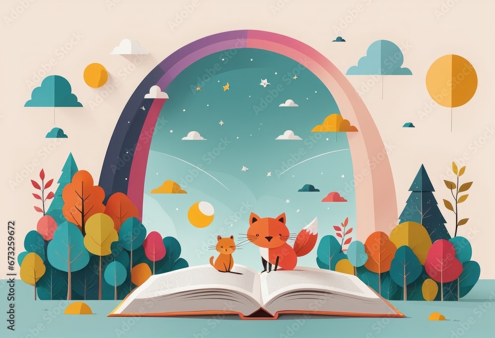 vector cartoon illustration of fox reading books in forest. cute fox in ...