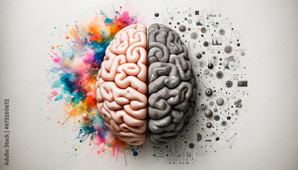 Photo & Art Print Human brain on white background, left and right side ...