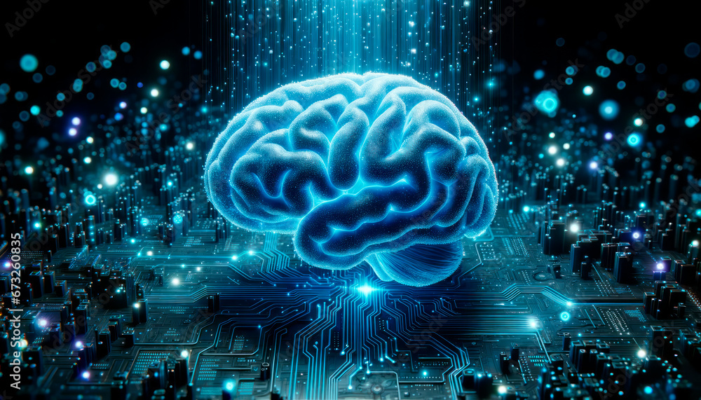 human brain on circuit board background. Artificial intelligence ...