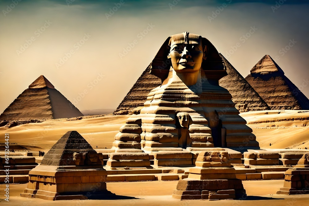 sphinx and pyramid, Monumental sculpture of the Sphinx and the great ...