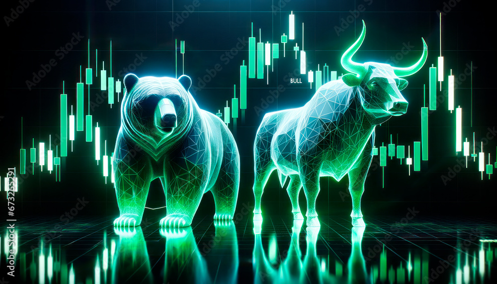 Bull and bear with candlestick chart background. Generative AI Stock ...