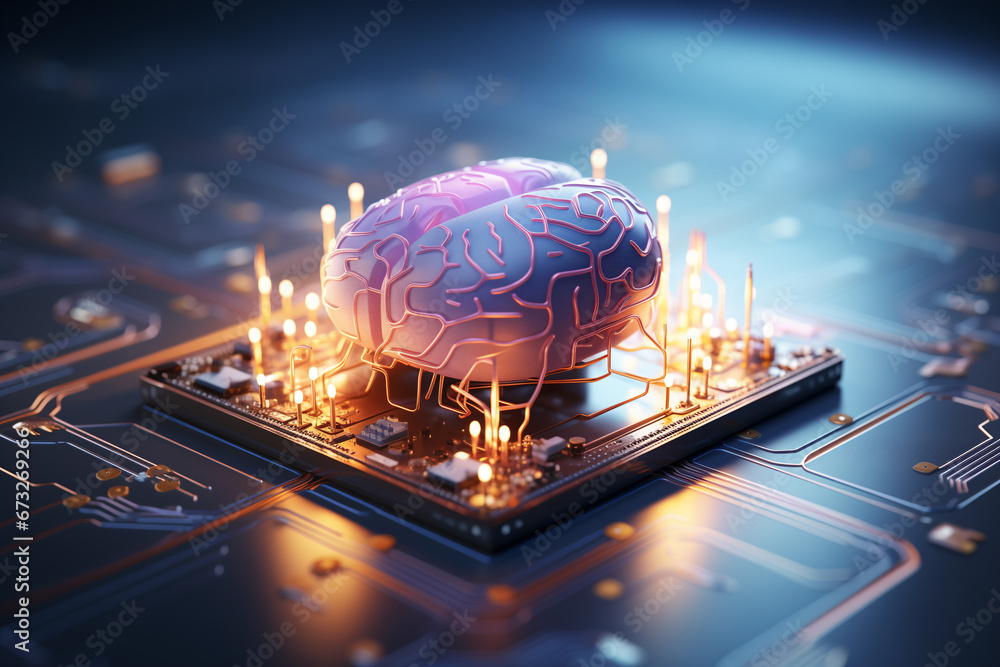 Human brain 3d model, circuit chip, quantum computer concept ...