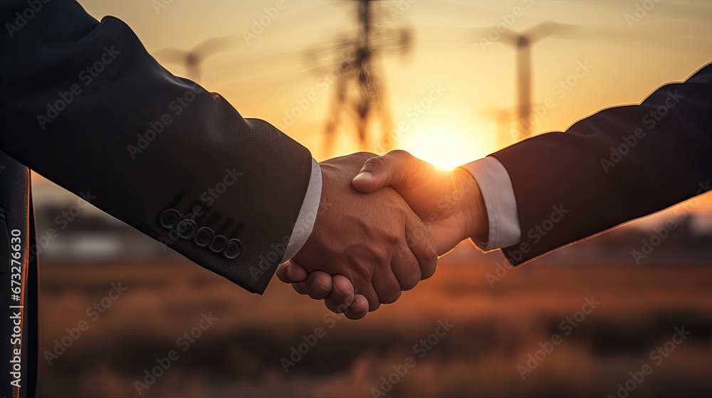 Double exposure graphic of business people handshake over wind turbine ...