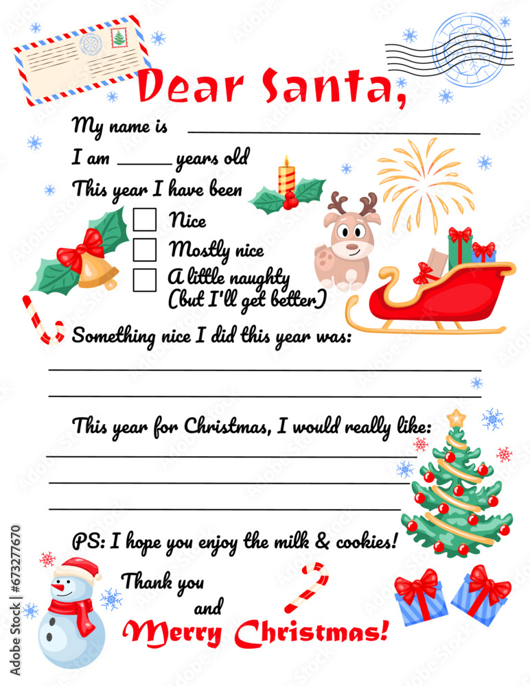 Letter to Santa. For print. Christmas wish list. Template for children ...