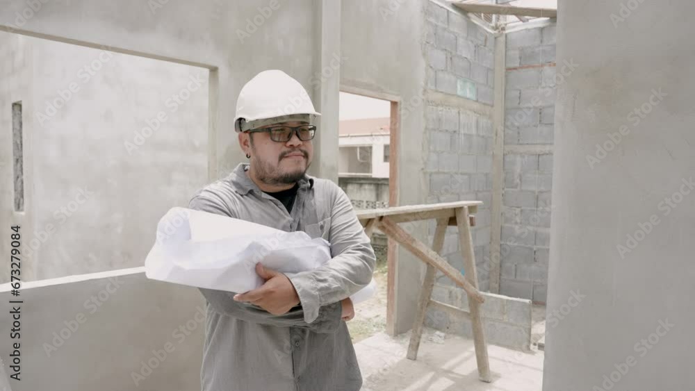 Asian male engineer construction worker Standing straight, holding ...