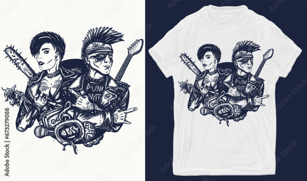 Punk music. Punker with mohawk hairstyle, guitarist. Rock and roll ...