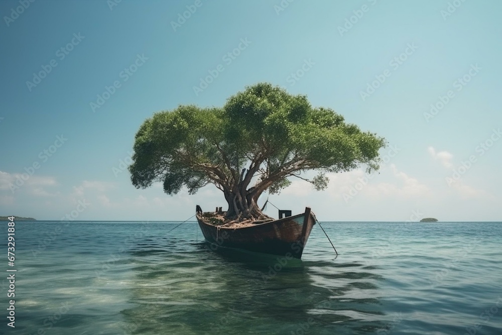 Tree on a boat in the ocean. Travel and booking agency concept ...