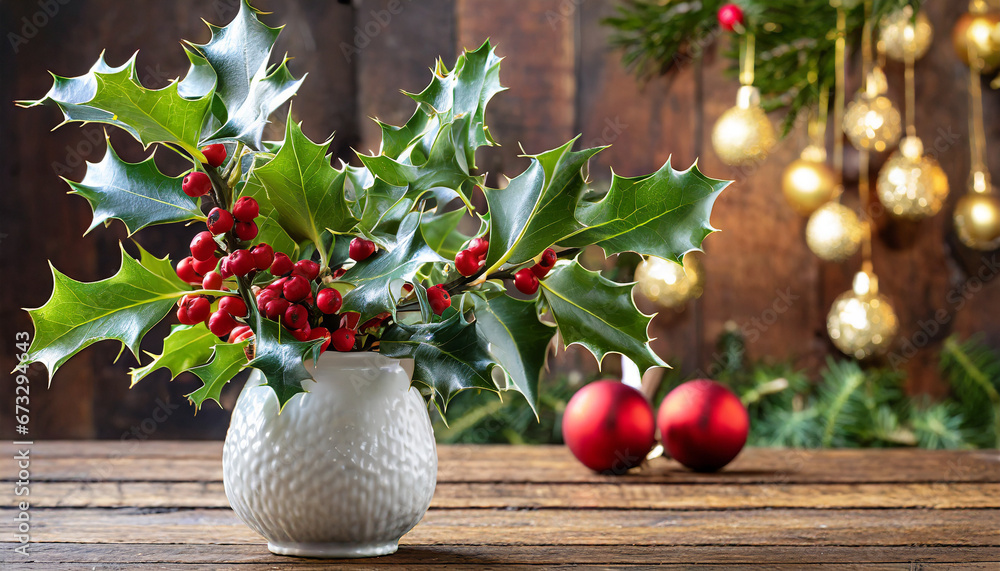 Décoration de Fêtes de Noël (Ilex aquifolium) Branches de houx commun ...