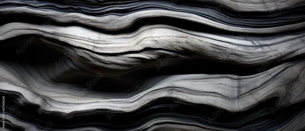 Wavy grey white layers of slate and sandstone rock formation cliff ...