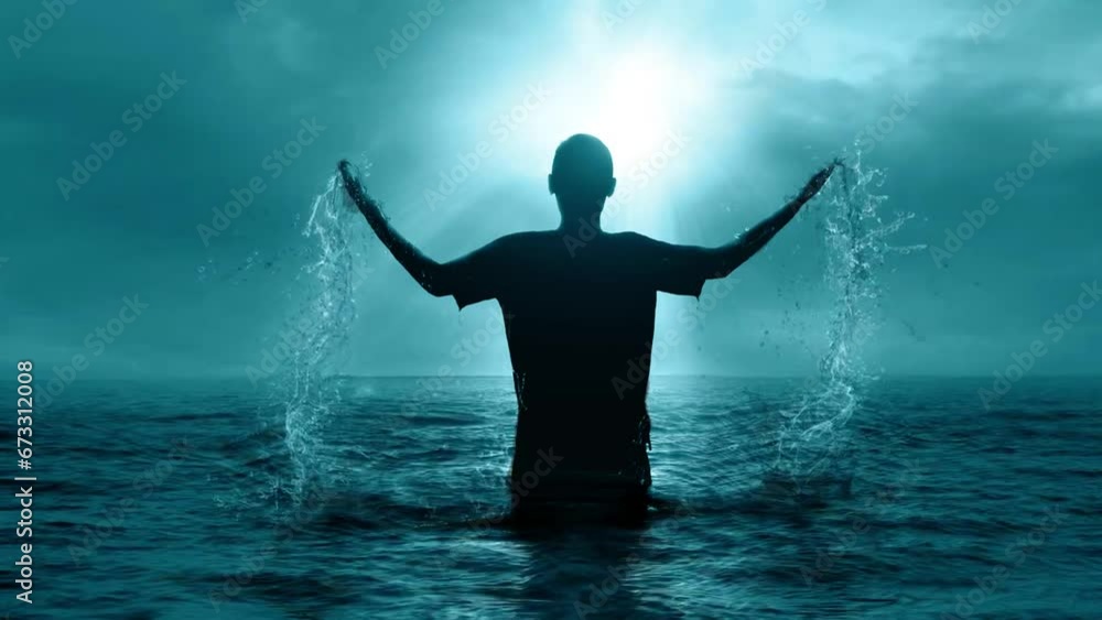 Ocean Silhouette Of Man In Praise Worship In Water Under Sun 4K ...