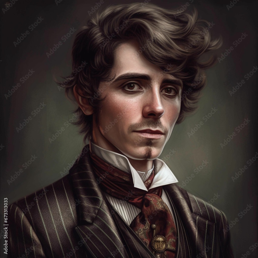 AI generated illustration of a classic oil painting of a dapper man dressed in a formal suit ...