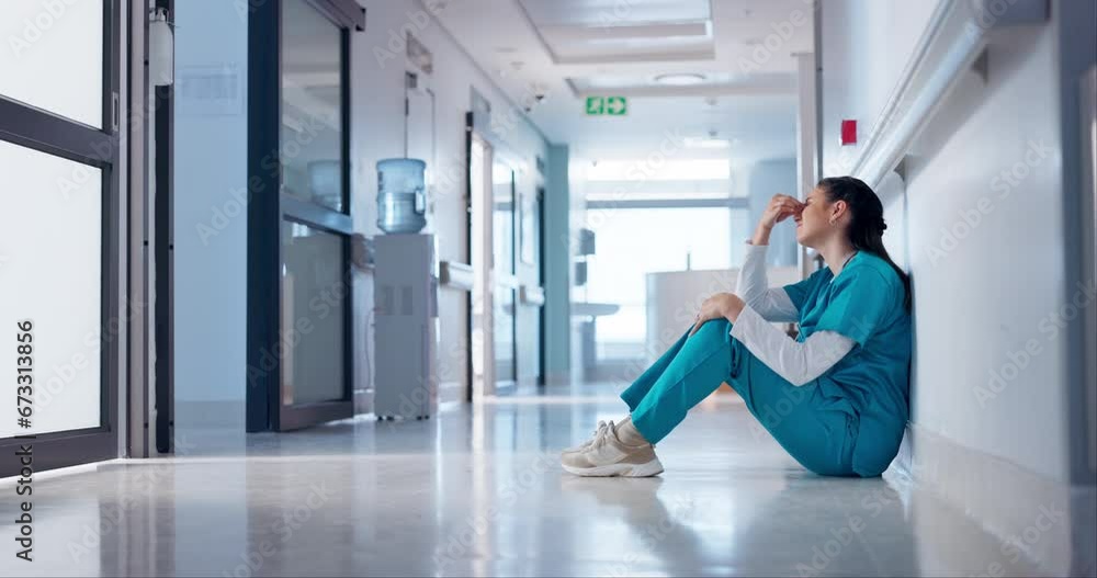 Doctor, headache and sad on floor for clinic mistake, healthcare fail ...