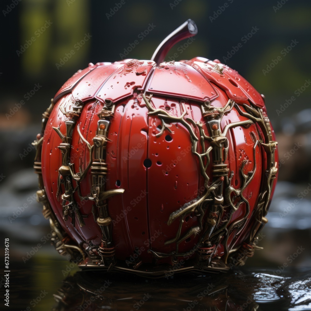 The red apple shape with the green costume displays a strange face ...