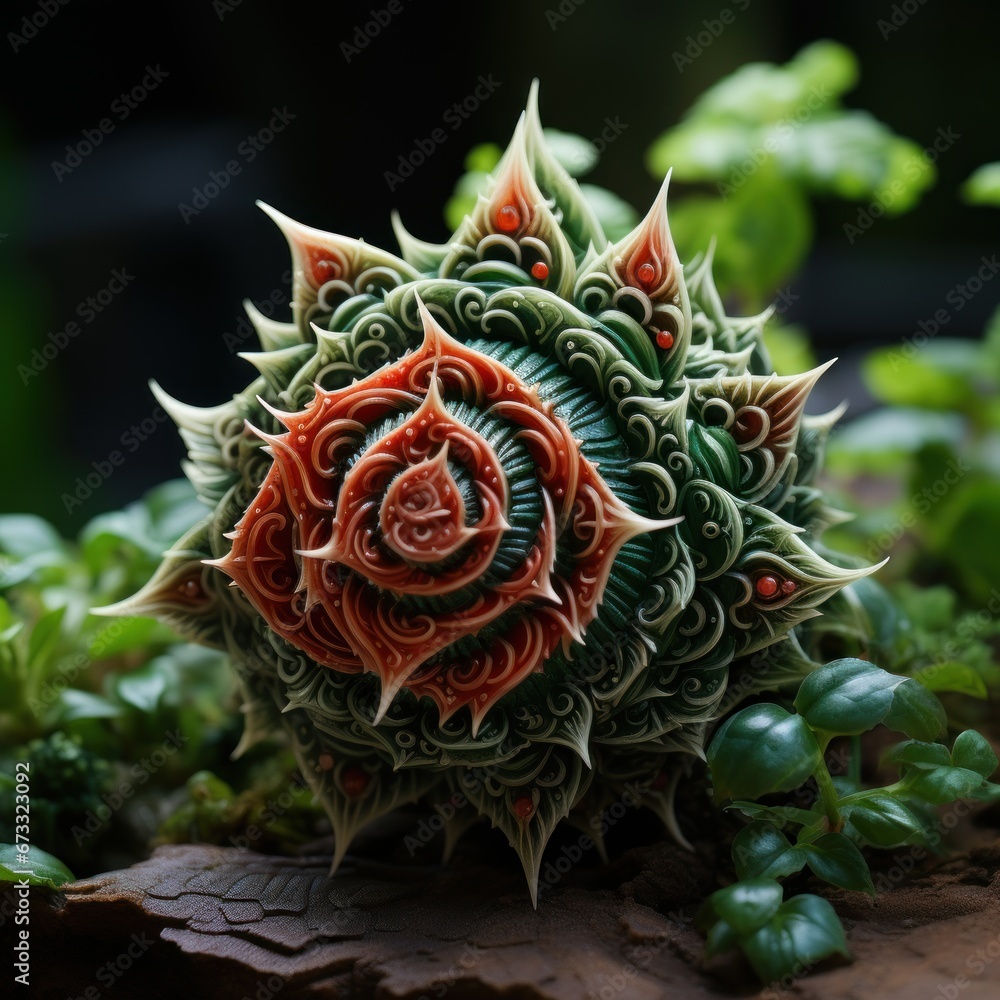 The red apple shape with the green costume displays a strange face ...