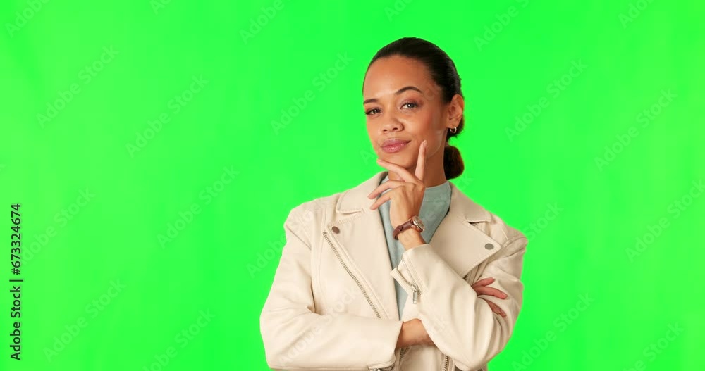 Green screen, thinking and face of woman in studio with solution, plan ...
