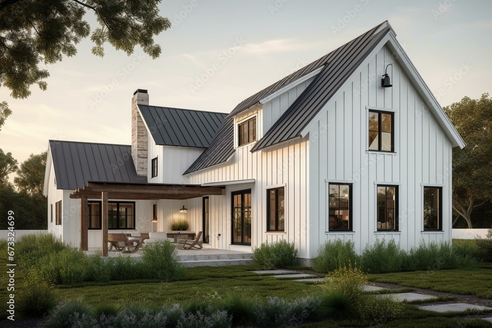 Modern farmhouse home with gabled roof and board and batten ...