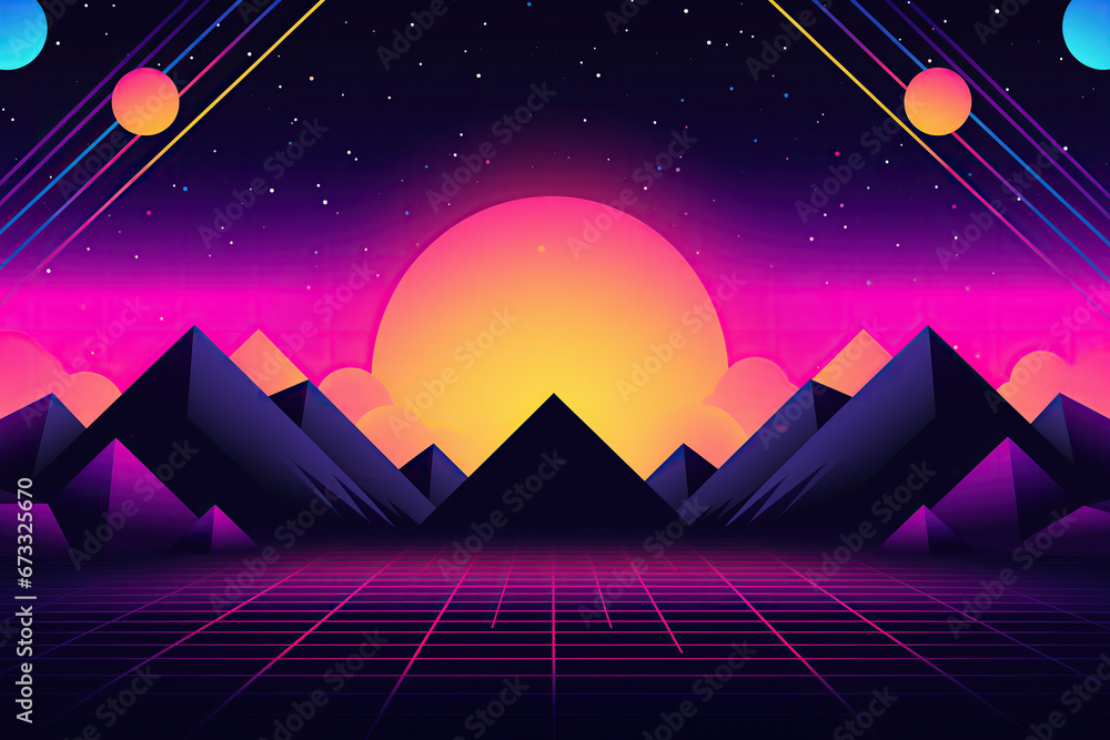 Vintage inspired scenery in style of 80s. Grid backdrop and a cityscape ...