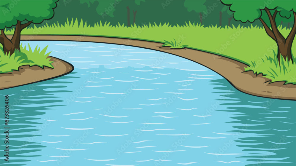 Cartoon landscape with river bay, water surface and river banks with ...