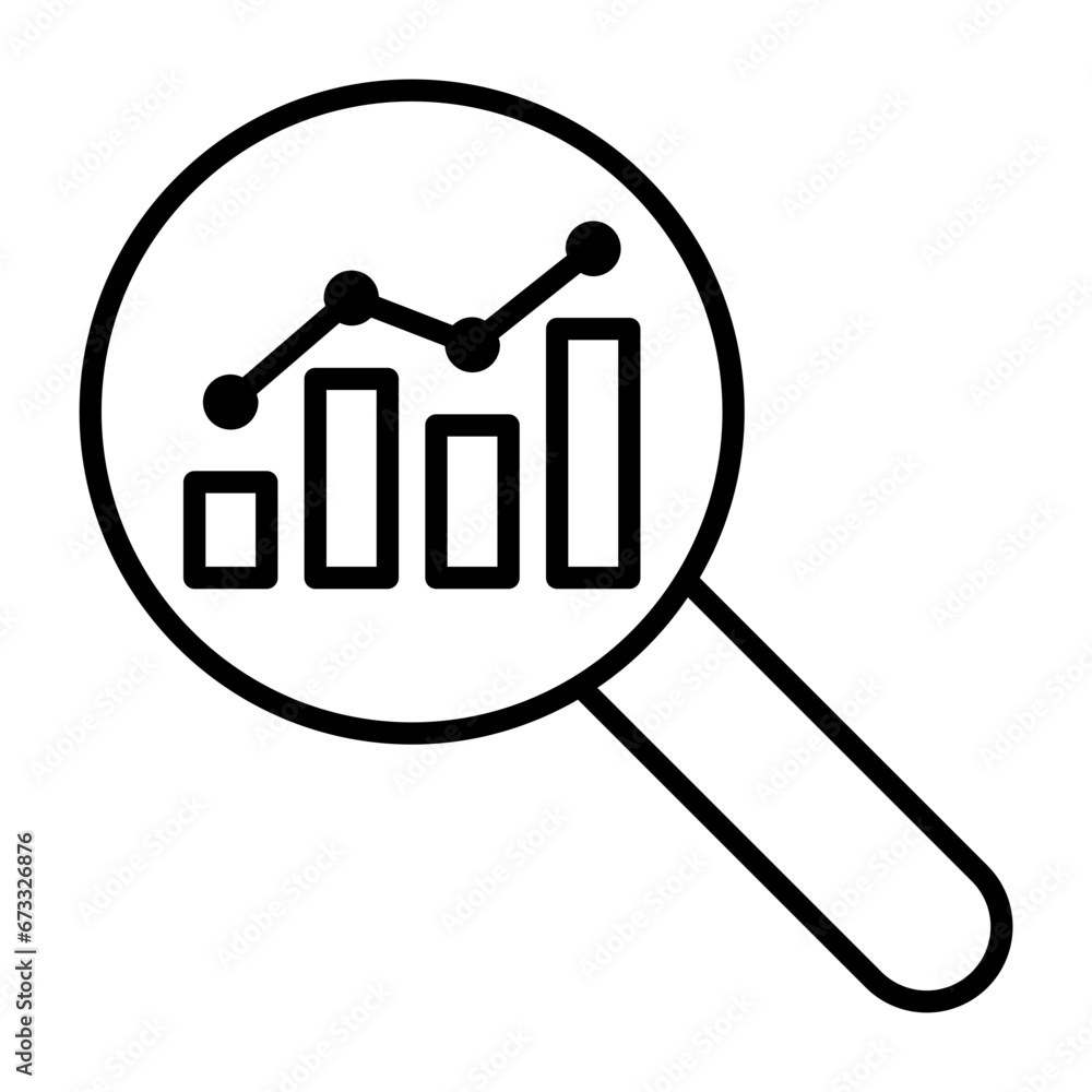 Business revenue and loss icon outline graph with magnifying glass ...