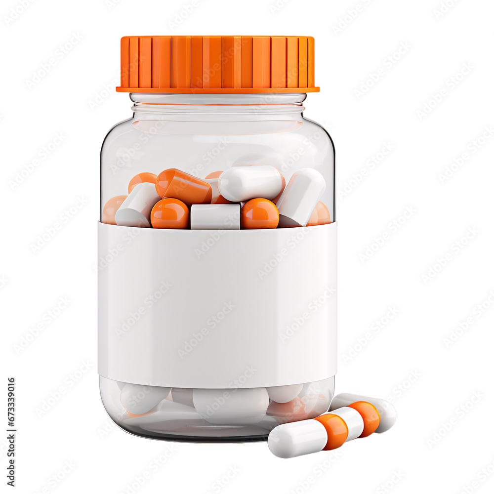 transparent medicine capsules container or bottle with label space ...