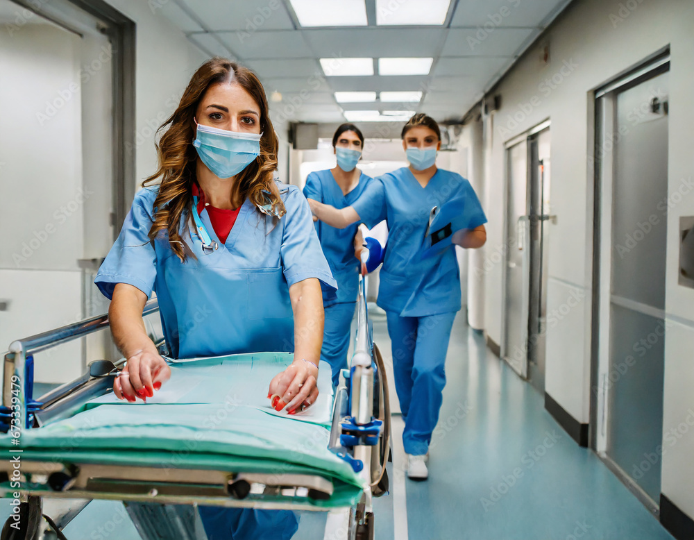 Hospital emergency team rush patient on gurney to the operating theater ...