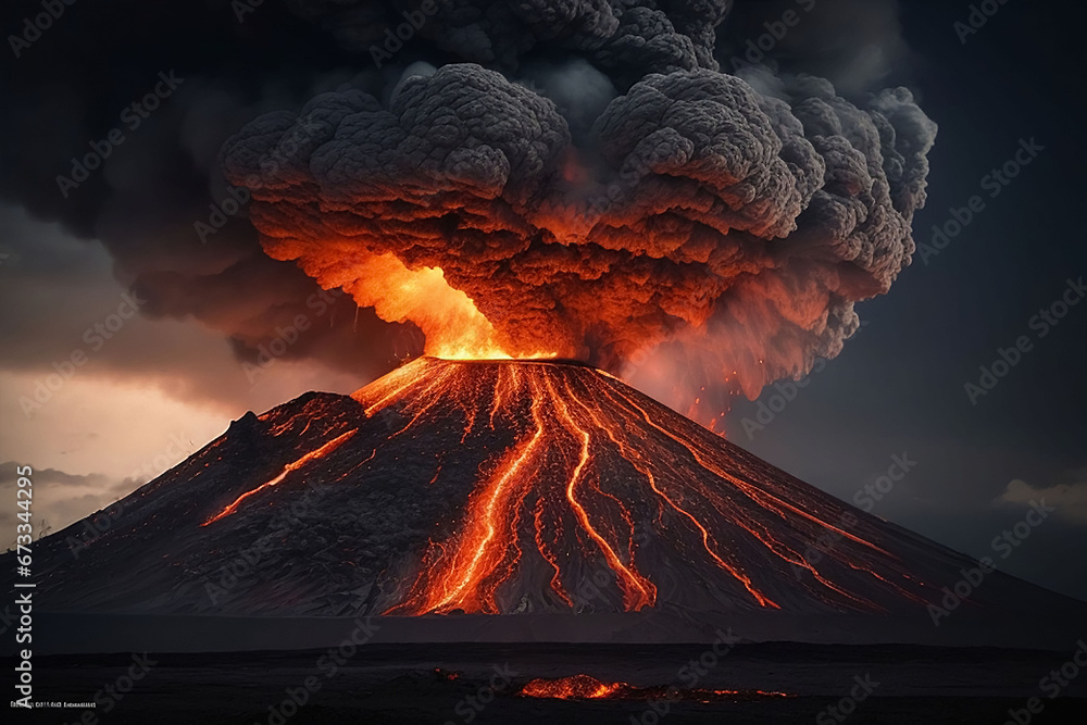 volcano eruption with massive high bursts of lava and hot clouds ...