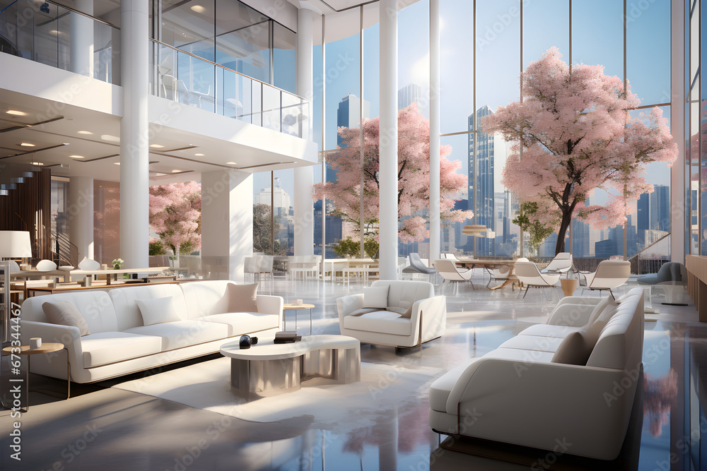 In a hotel or office building lobby, there is a fuzzy view of the ...