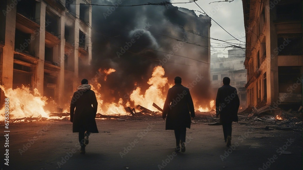 Innocent people fleeing in front of bombed and flaming buildings Stock ...