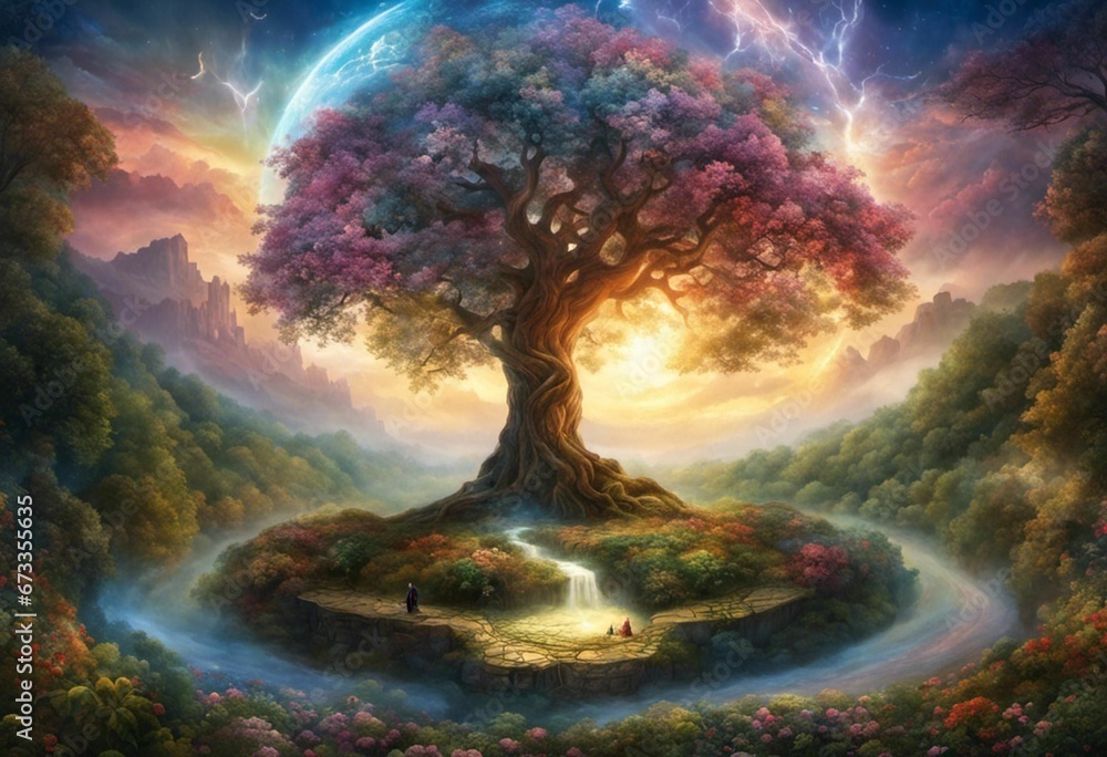 AI generated illustration of an oil painting of a tall tree illuminated ...