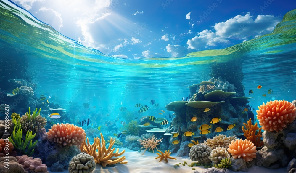 Tropical Island And Coral Reef - Split View With Waterline. Beautiful ...