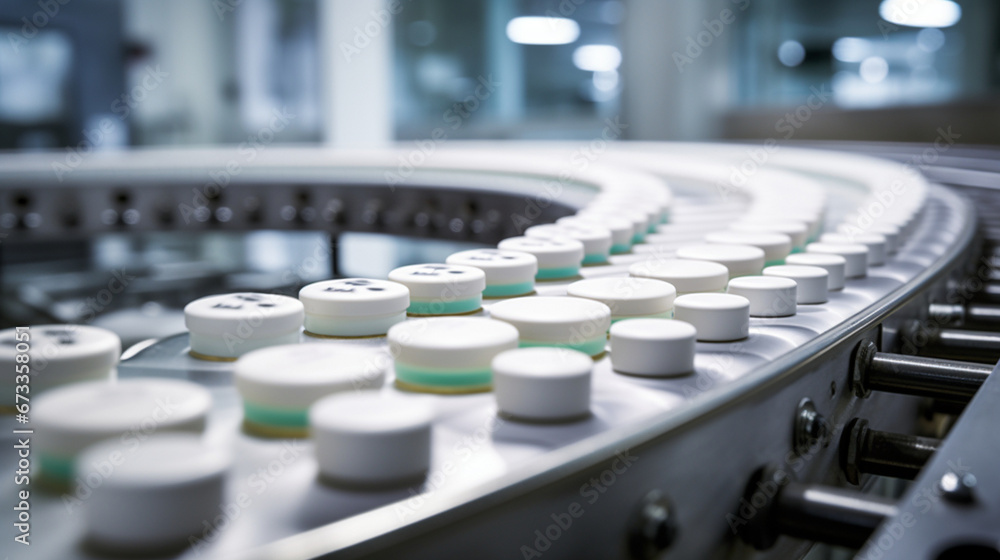 The conveyor belt in action, up close, with medical tablets passing ...