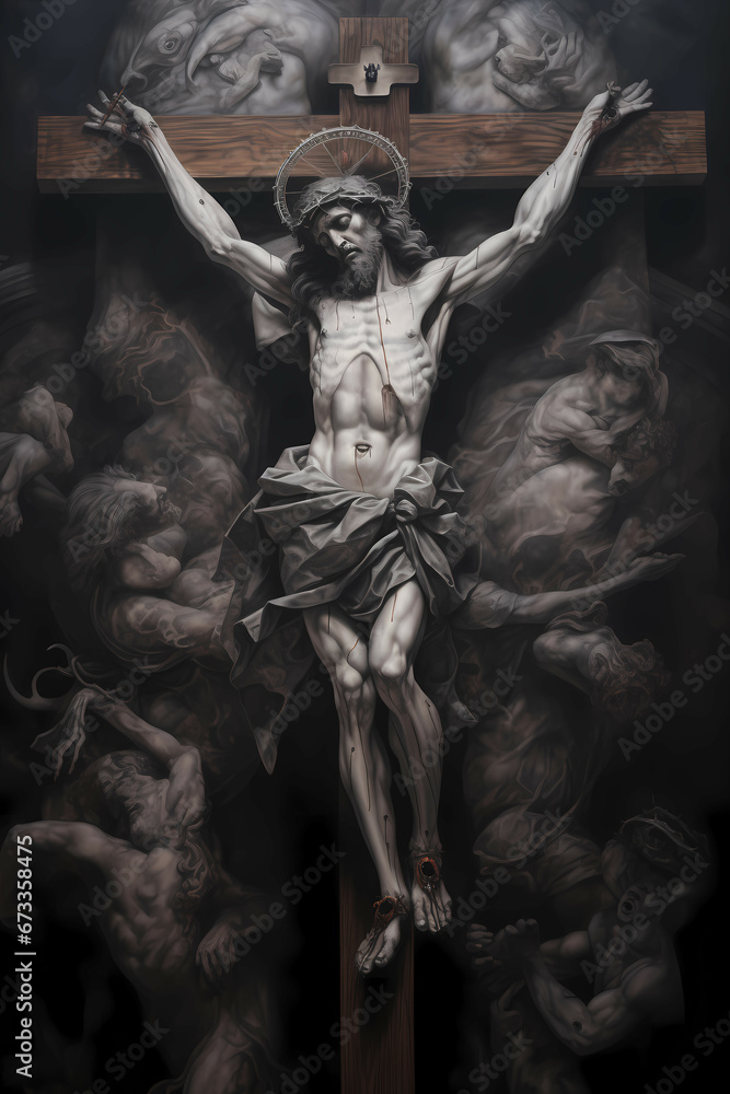 Jesus Being Crucified, Grisaille Art Style, Jesus Death on Cross, Jesus ...