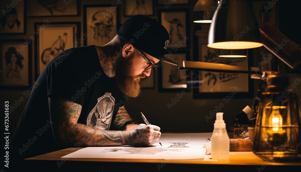 Male tattoo artist sketching tattoo designs, working in a tattoo studio ...