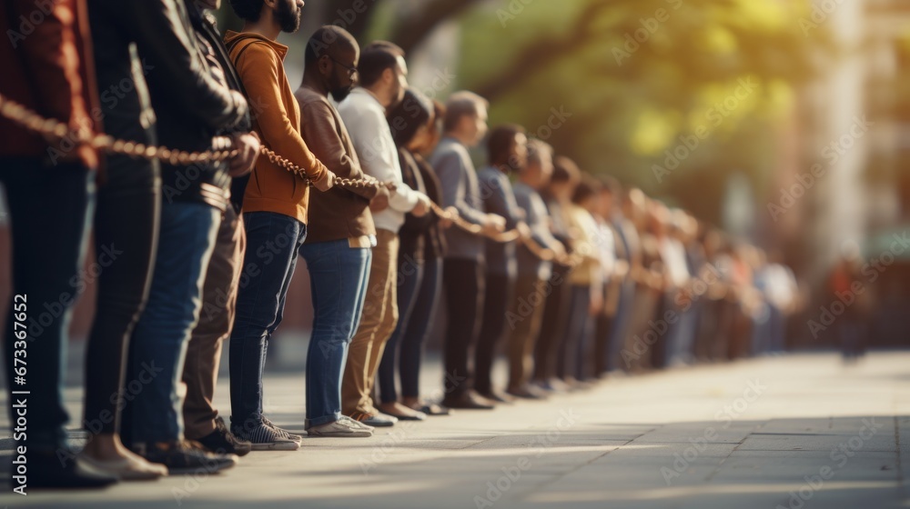 People standing in line with their hands tied together, AI Stock Photo ...