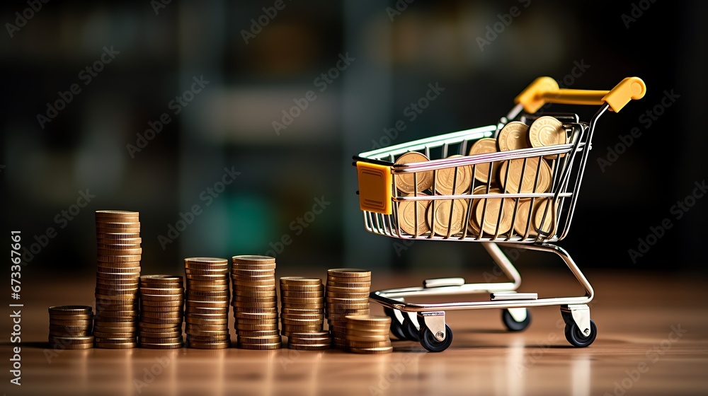 Increasing trend graph of sale volume with bigger shopping trolley cart ...
