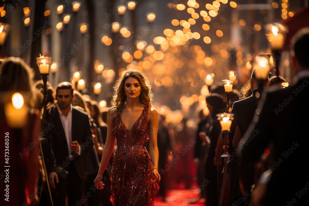 A glamorous woman in a stunning red gown walks confidently through a ...