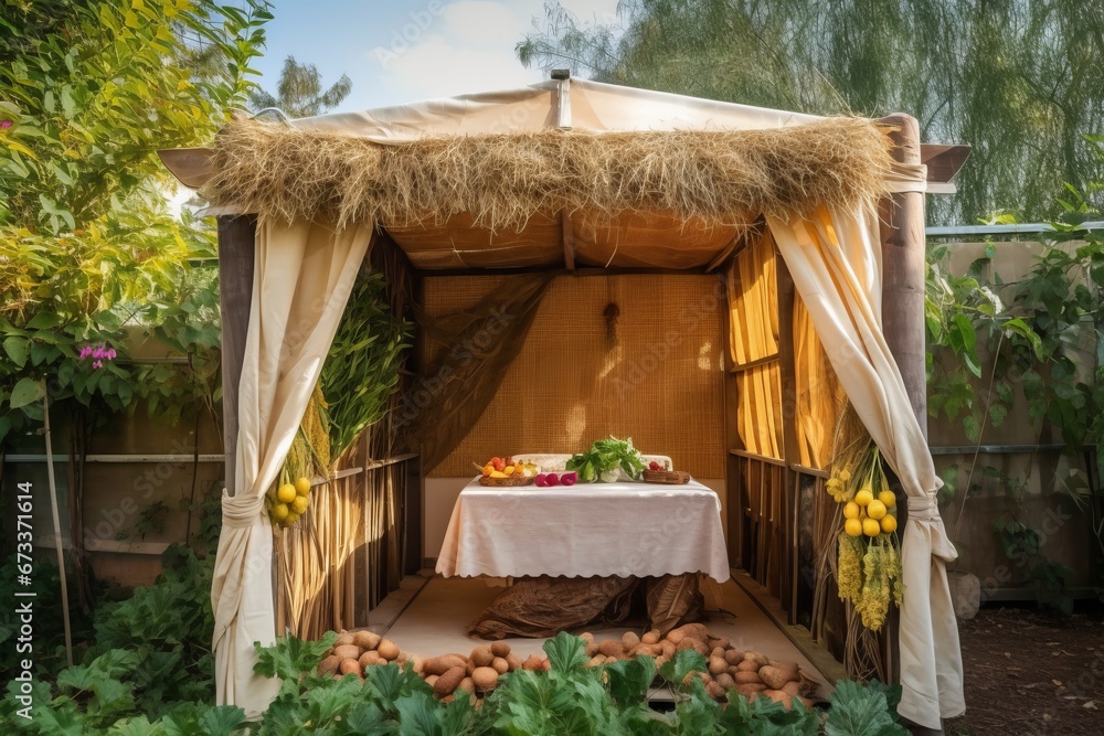 Jewish festival of Sukkot in Israel. Traditional sukkah with handmade ...