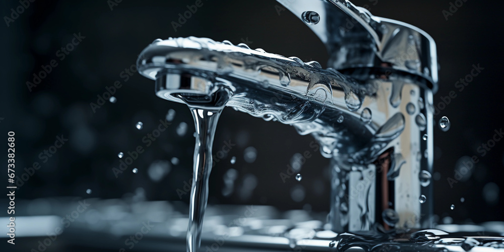 dripping sink faucet, water droplet mid-fall, cold steel fixture ...