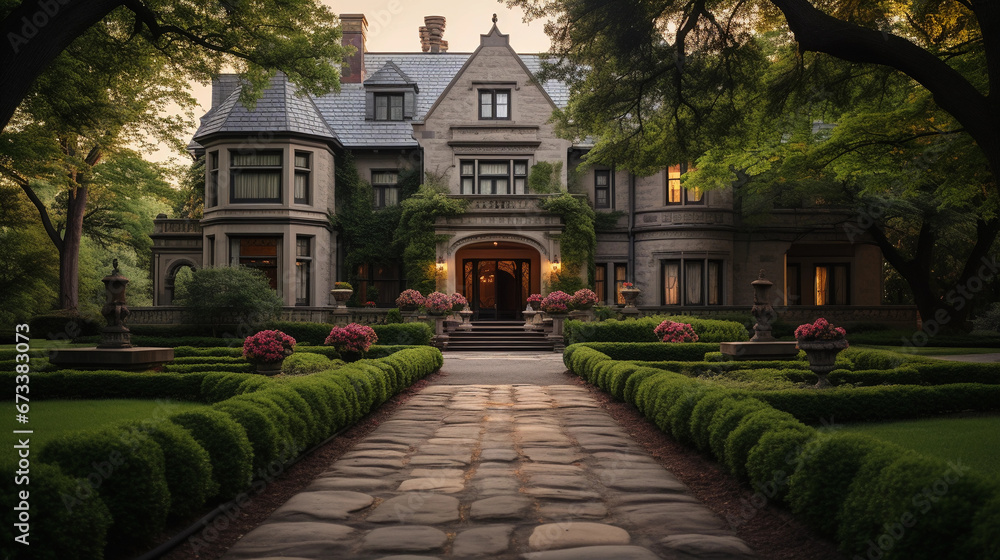 rand Victorian mansion, lush gardens in the front, cobblestone pathway ...