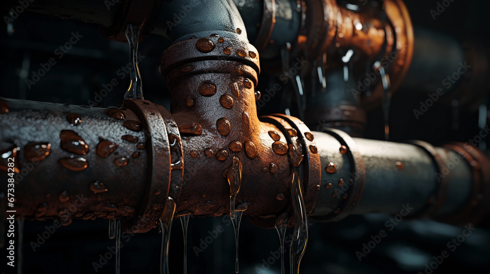 rusted copper pipe system, intricately tangled, aged patina, corrosion ...
