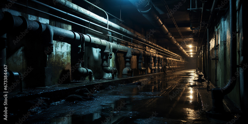 underground sewer pipes, dark and grimy, rats and murky water, harsh ...