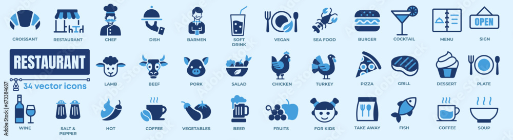 Restaurant vector flat icons set. Food icon collection. Bold signs for ...