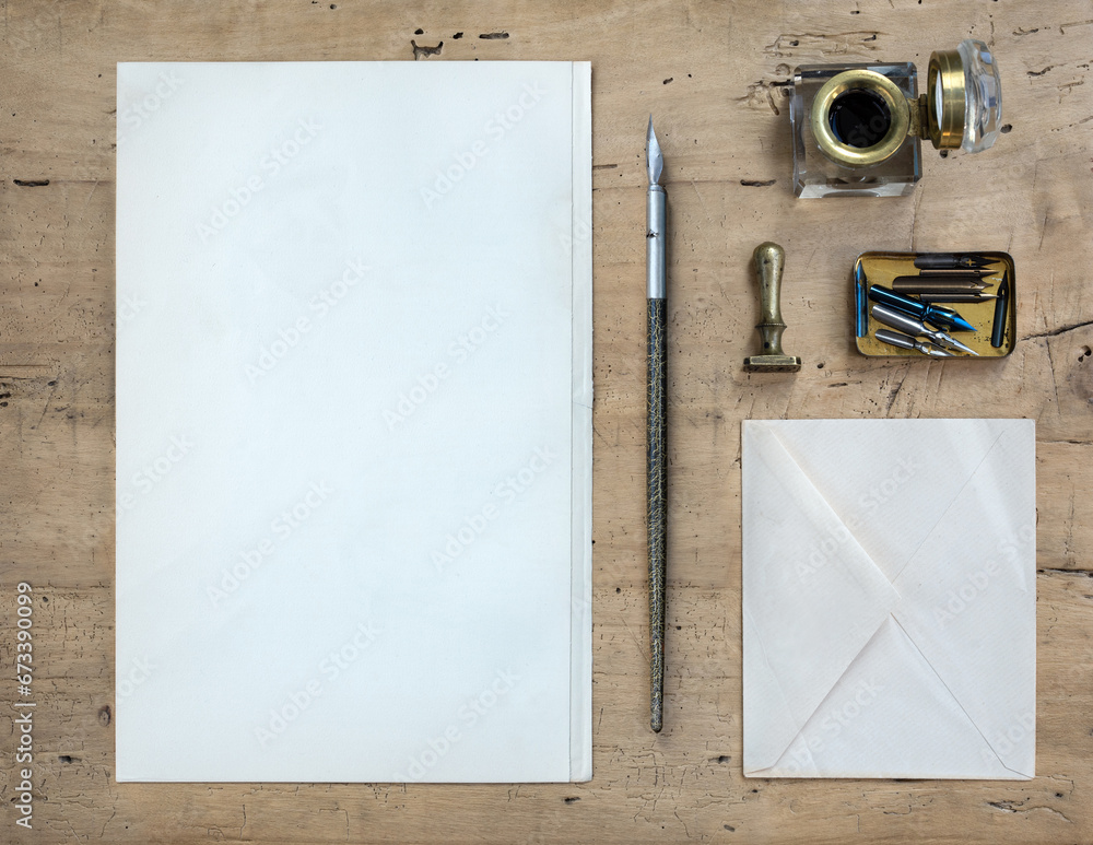 Old Fountain pen, quill pen, and old paper blank sheet and vintage ...