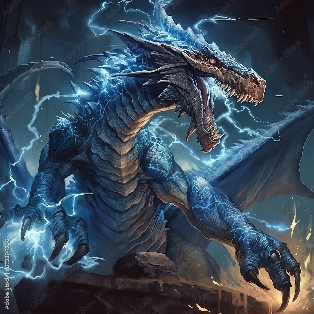 AI generated illustration of A giant mythical dragon with wings and ...