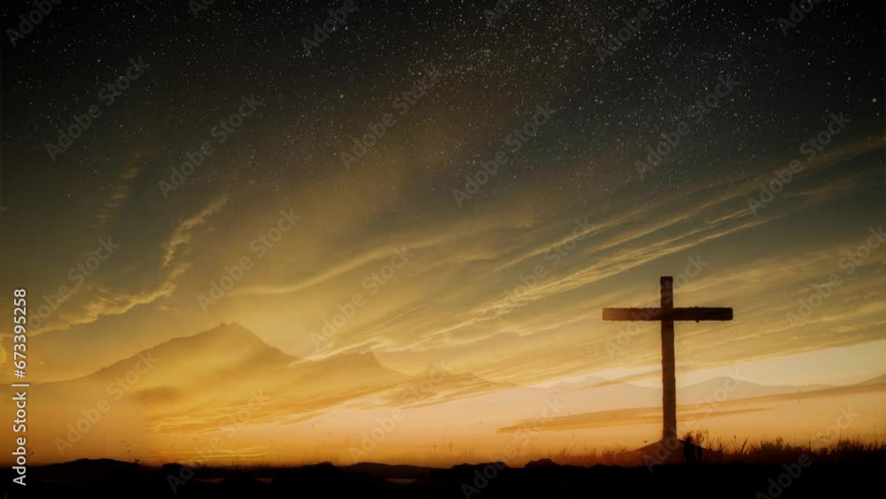 Christian Cross Under Starry Sunset Sky With Flowing Clouds 4K ...