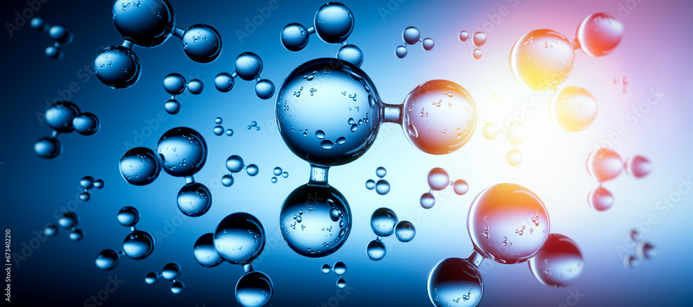Models of water molecules floating against blue background - H2 ...