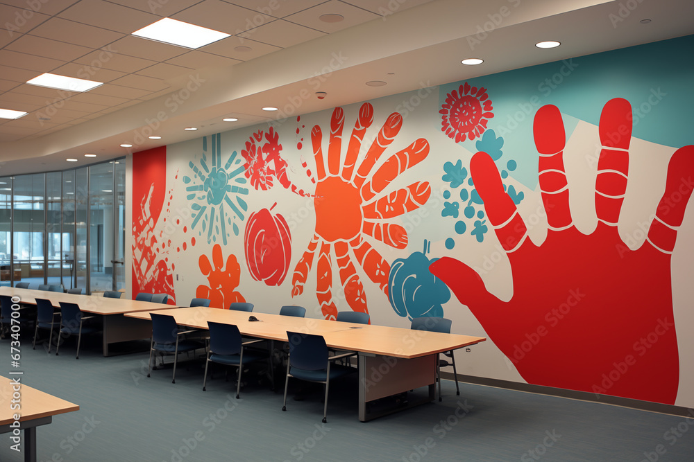 A creative display of a "High Five" mural made by employees ...