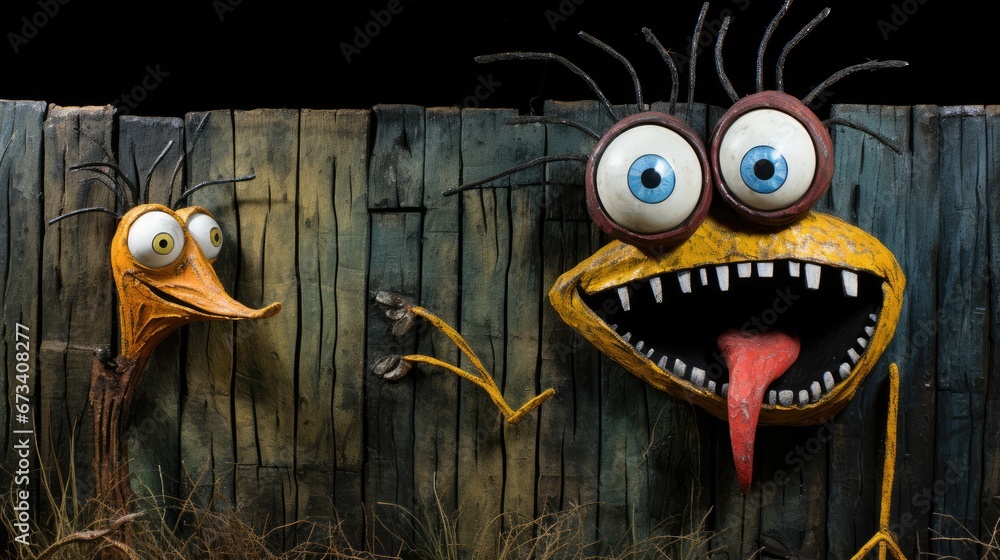 a close up of a face on a fence with another face on the fence and ...